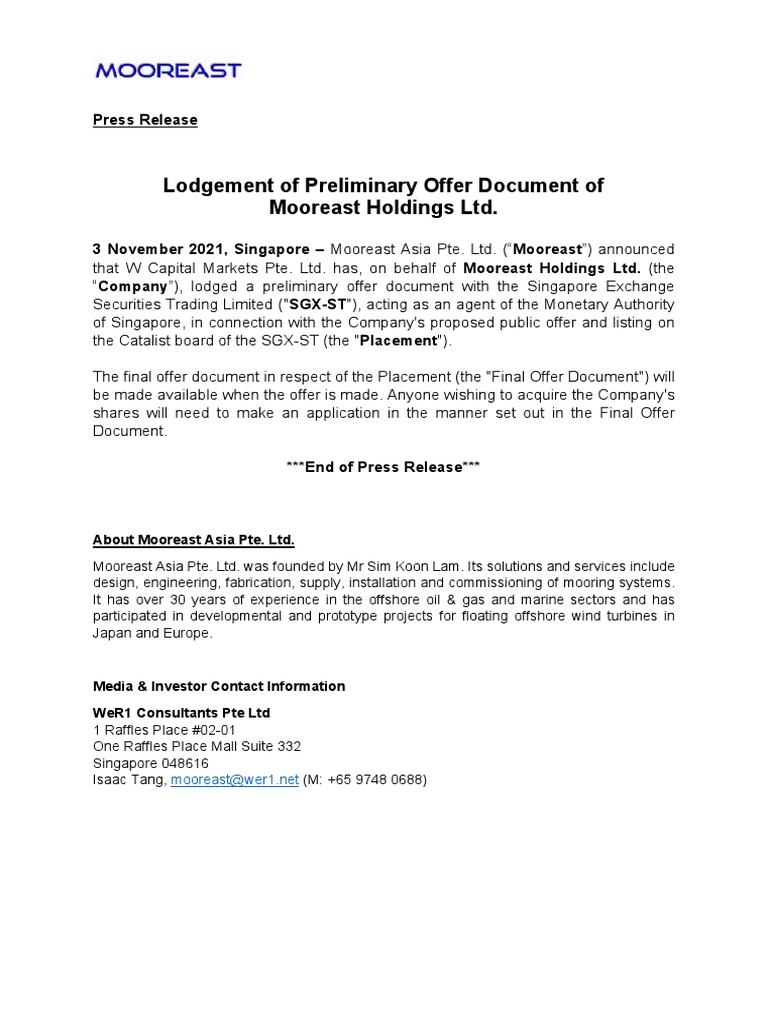 Lodgement of Preliminary Offer Document of Mooreast Holdings LTD | PDF