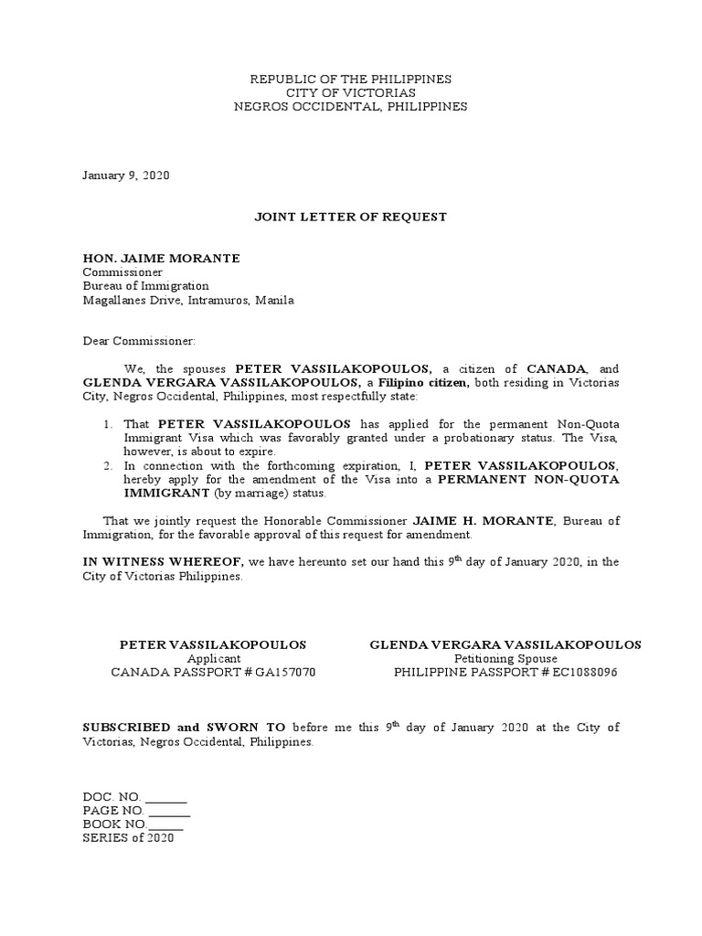 2020 Joint Letter of Request Foreign Spouse Visa | PDF