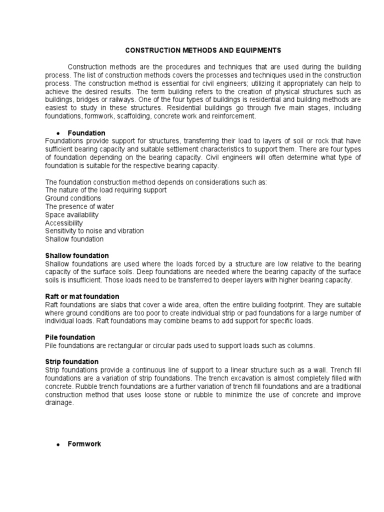 Construction Methods and Equipments | PDF | Foundation (Engineering ...