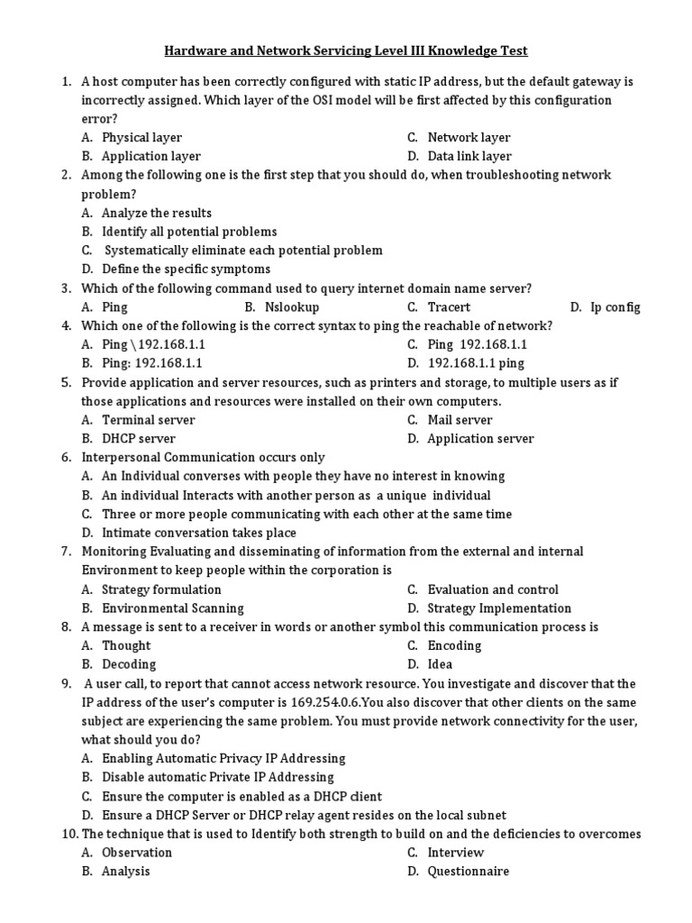 HNS Level III COC Knowledge Test | PDF | Computer Network | Ip Address