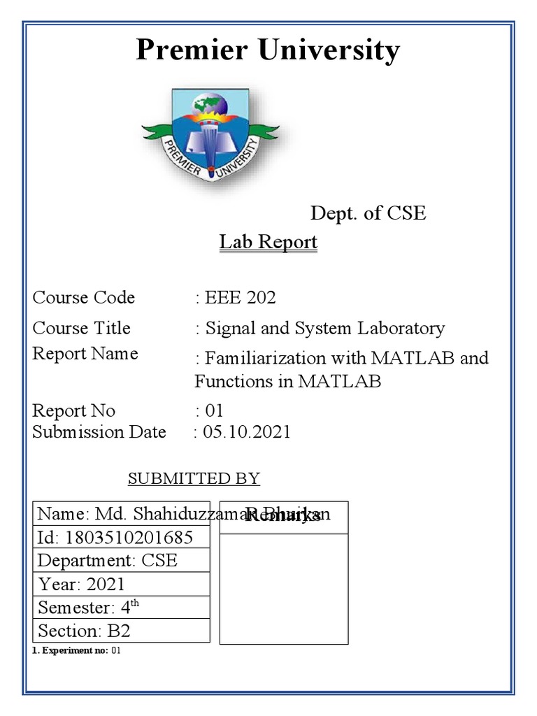 Premier University: Dept. of CSE Lab Report | PDF | Matlab | Convolution