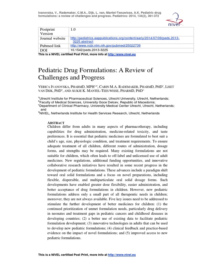 Pediatric Drug Formulations: A Review of Challenges and Progress ...