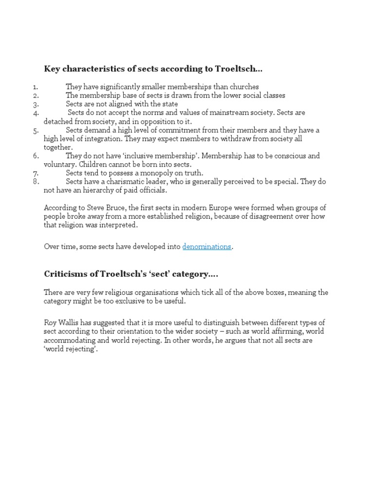 Key Characteristics of Sects According To Troeltsch | PDF