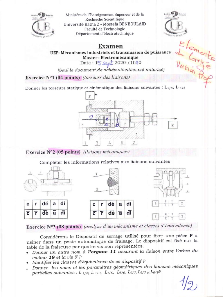 Exemple Exam Elmnt de Correction Uef Mitp m1 Eltrm | PDF | Ingénierie mécanique