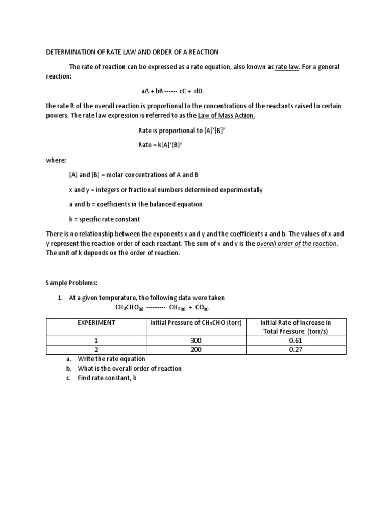 Chemical Kinetics DETERMINATION OF RATE LAW AND ORDER OF A REACTION ...