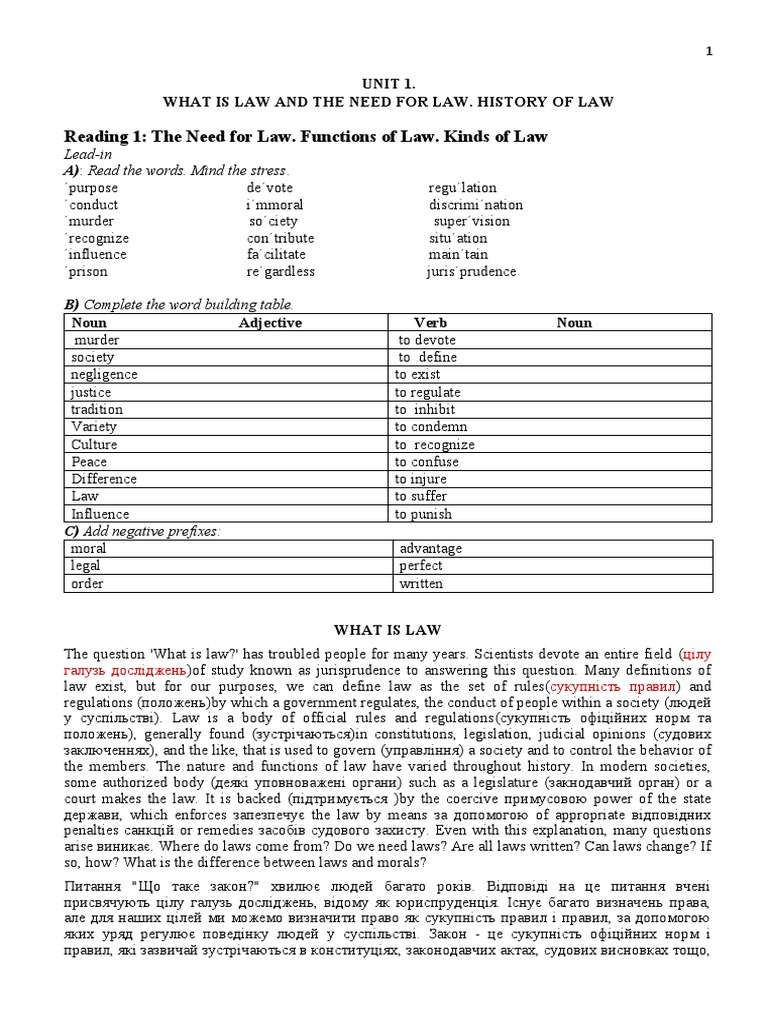 Reading 1: The Need For Law. Functions of Law. Kinds of Law: Lead-In | PDF