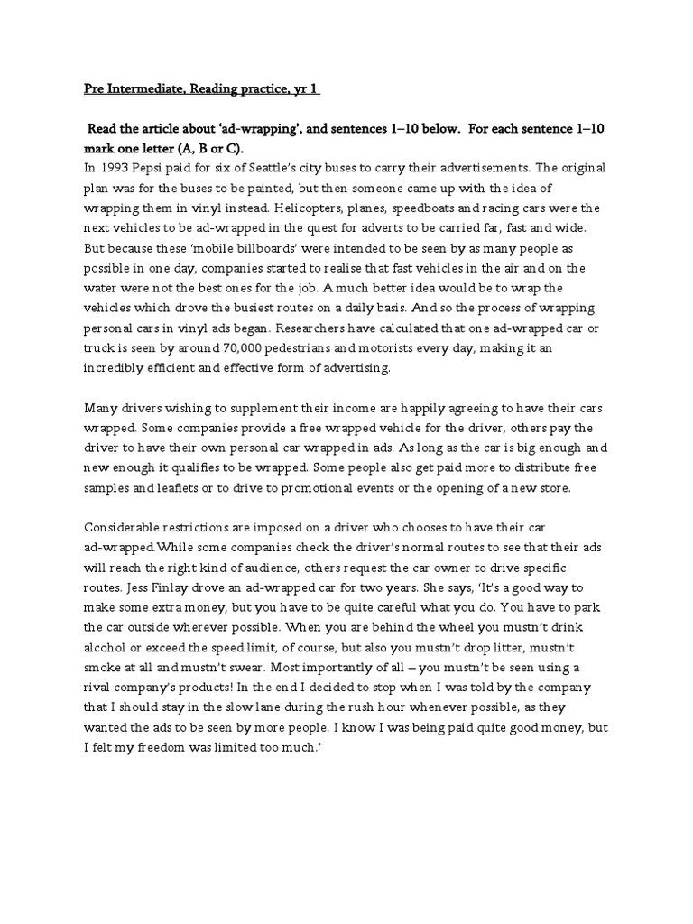 Pre Intermediate Reading Yr 2 | PDF | Advertising | Car