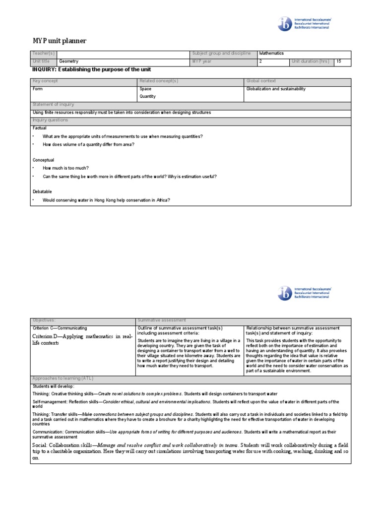 MYP Unit Planner: INQUIRY: Establishing The Purpose of The Unit ...