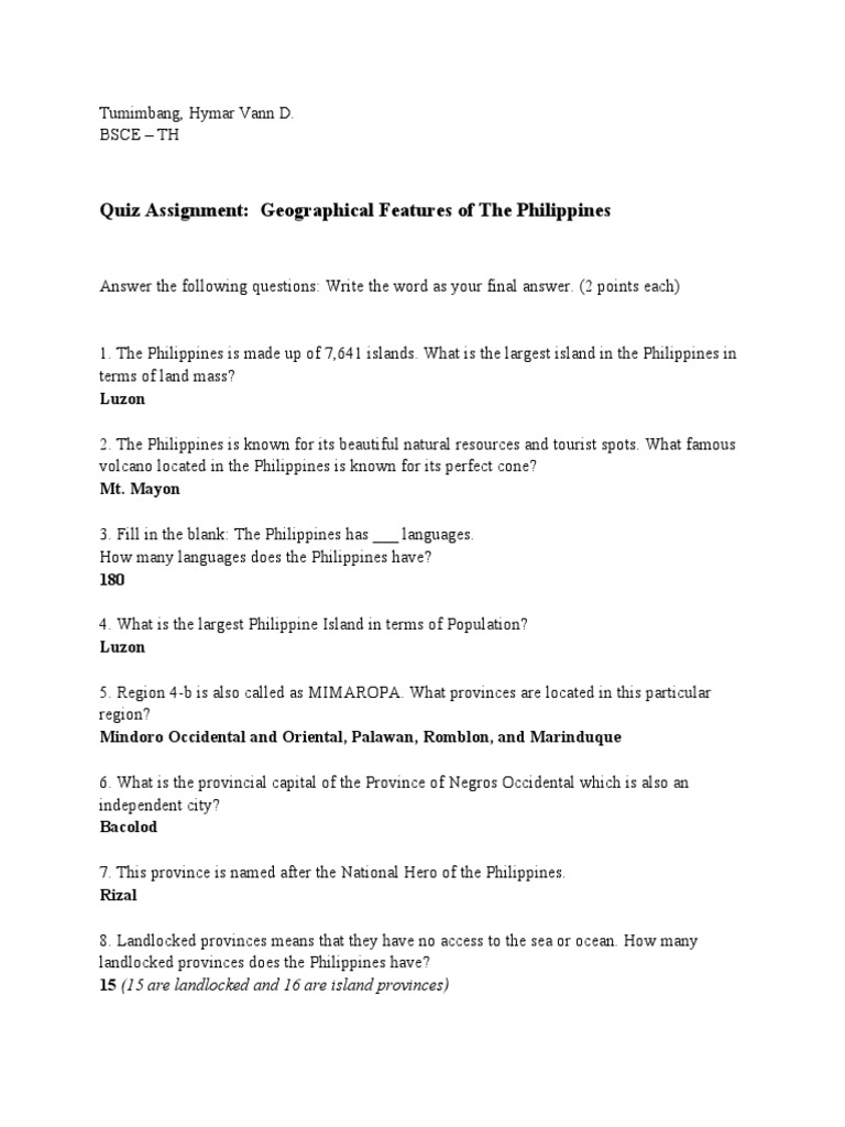Quiz Assignment - Geographical Features of The Philippines | PDF