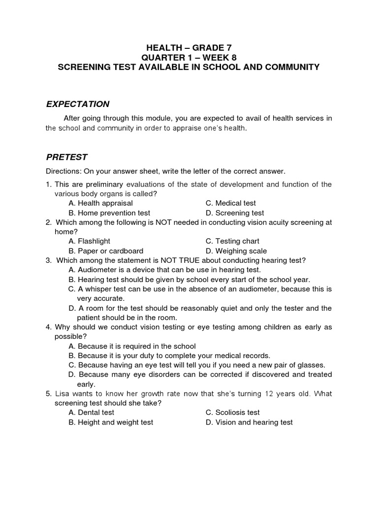 Health - Grade 7 Quarter 1 - Week 8 Screening Test Available in School ...