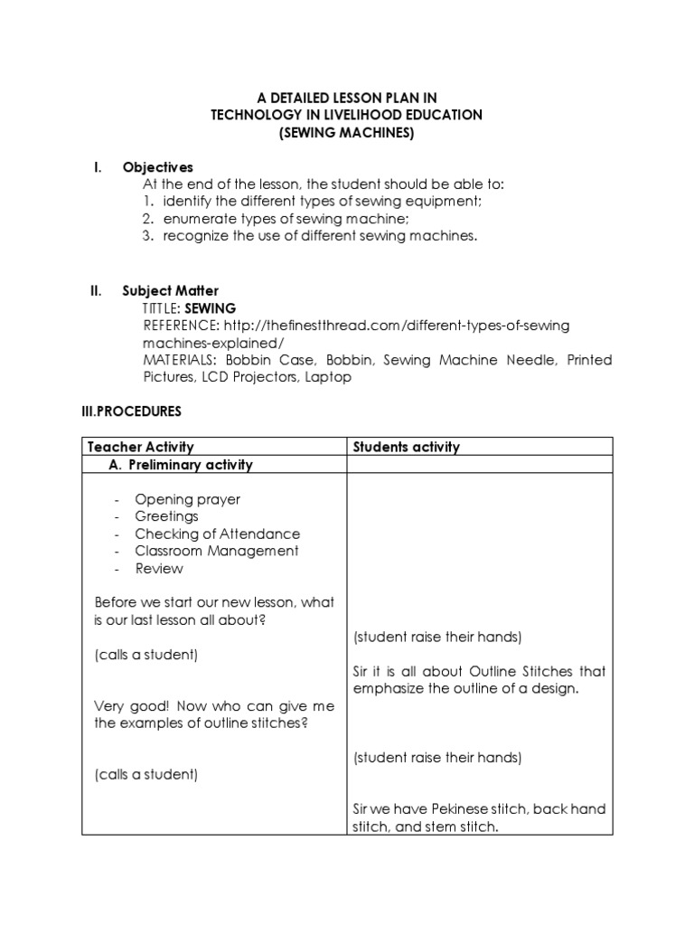 A Detailed Lesson Plan in Technology in Livelihood Education (Sewing ...
