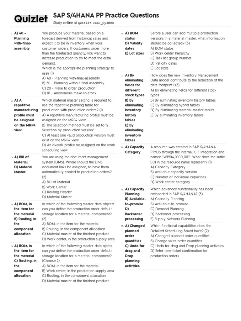 SAP S/4HANA PP Practice Questions | PDF | Inventory | Cloud Computing
