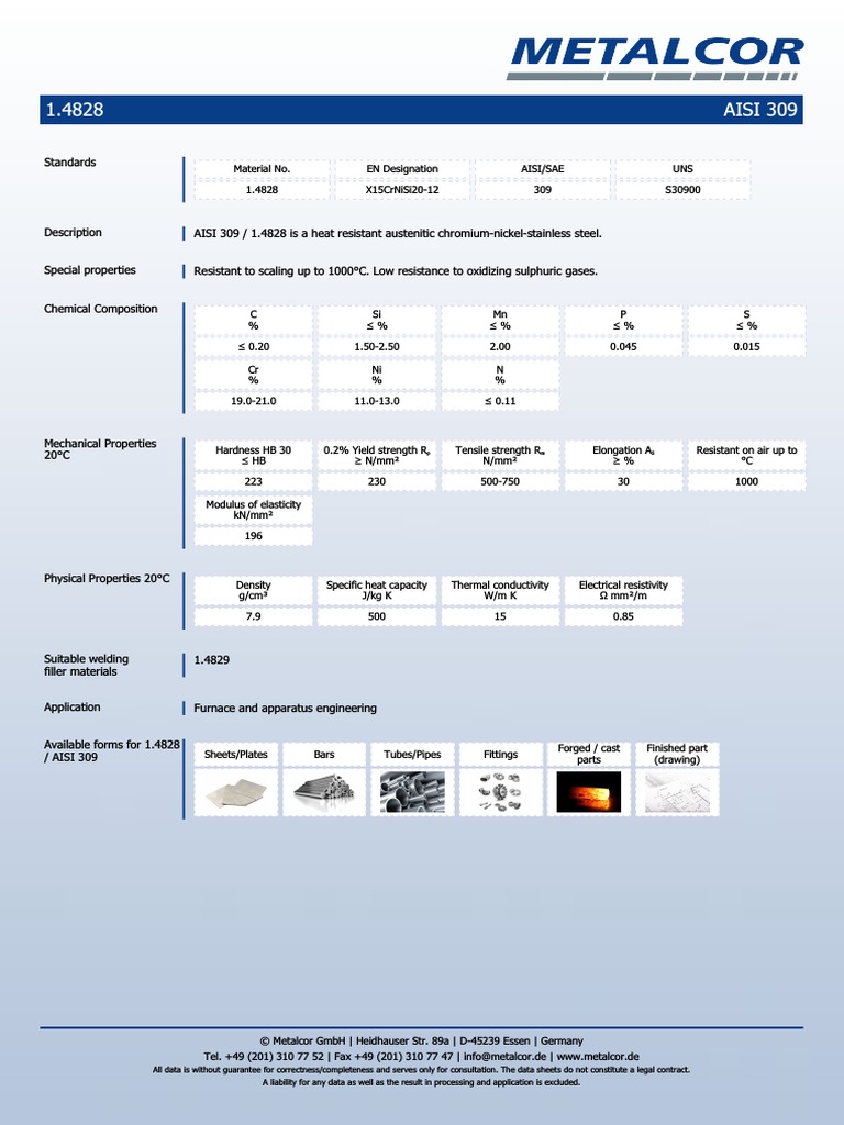 Metalcor 1.4828 Aisi 309 | PDF | Materials Science | Chemical Substances