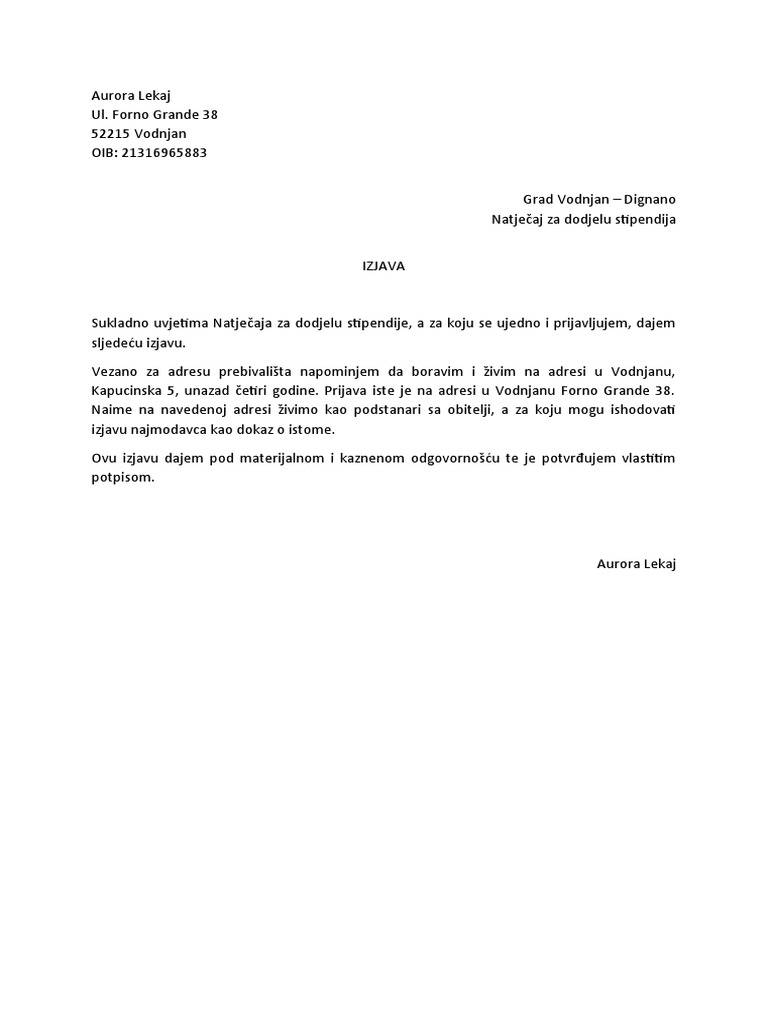 Izjava Za Stipendiju | PDF