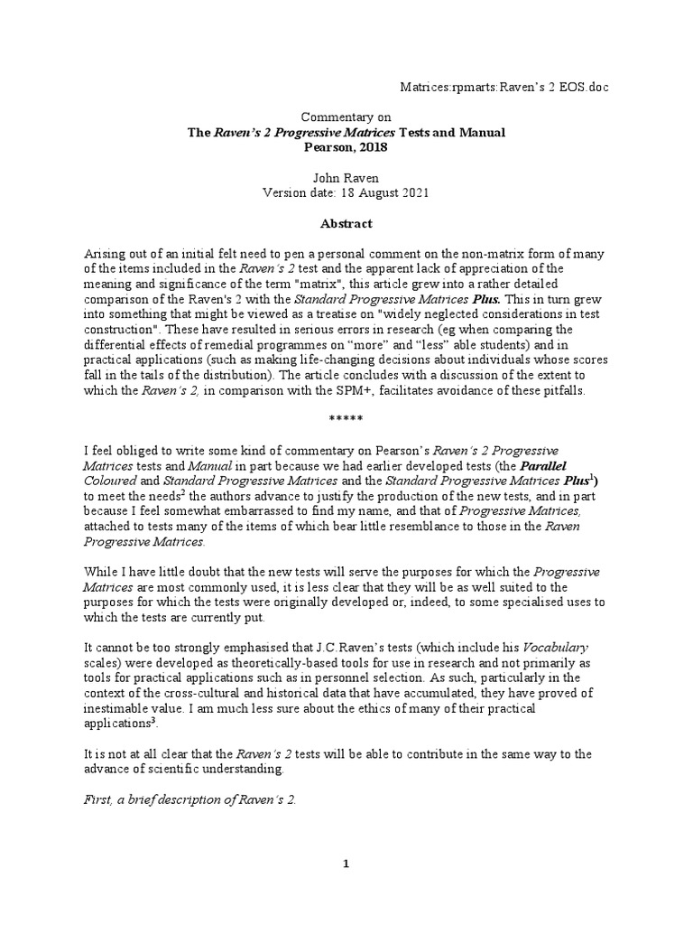 The Raven's 2 Progressive Matrices Tests and Manual Pearson, 2018 | PDF ...