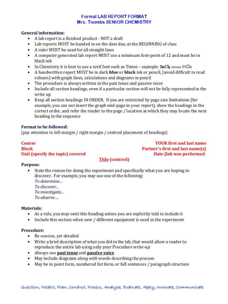 General Information:: Formal Lab Report Format Mrs. Toombs Senior ...