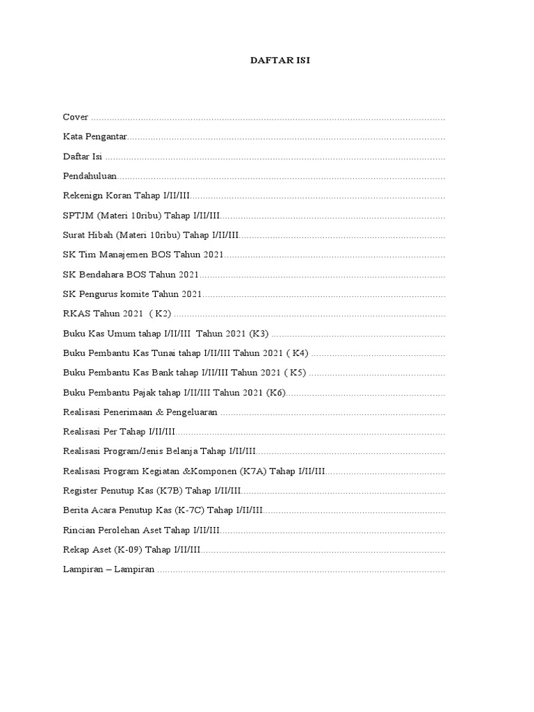 Daftar Isi LPJ Bos 2021 | PDF