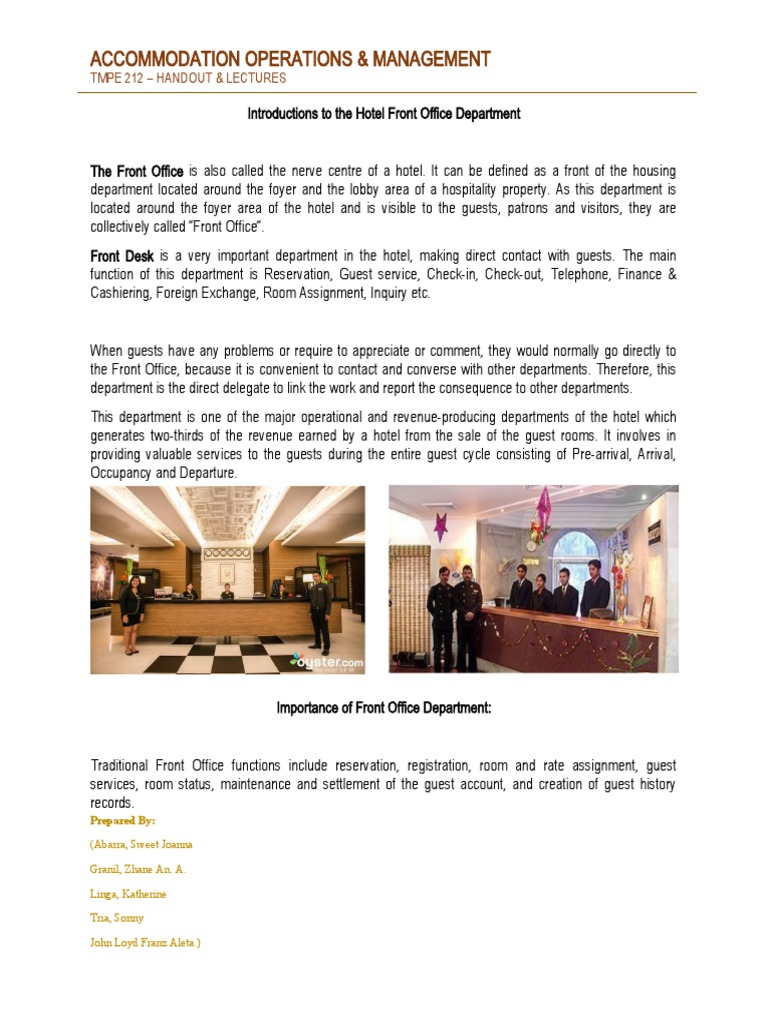 Accommodation Operations & Management: Tmpe 212 - Handout & Lectures | PDF