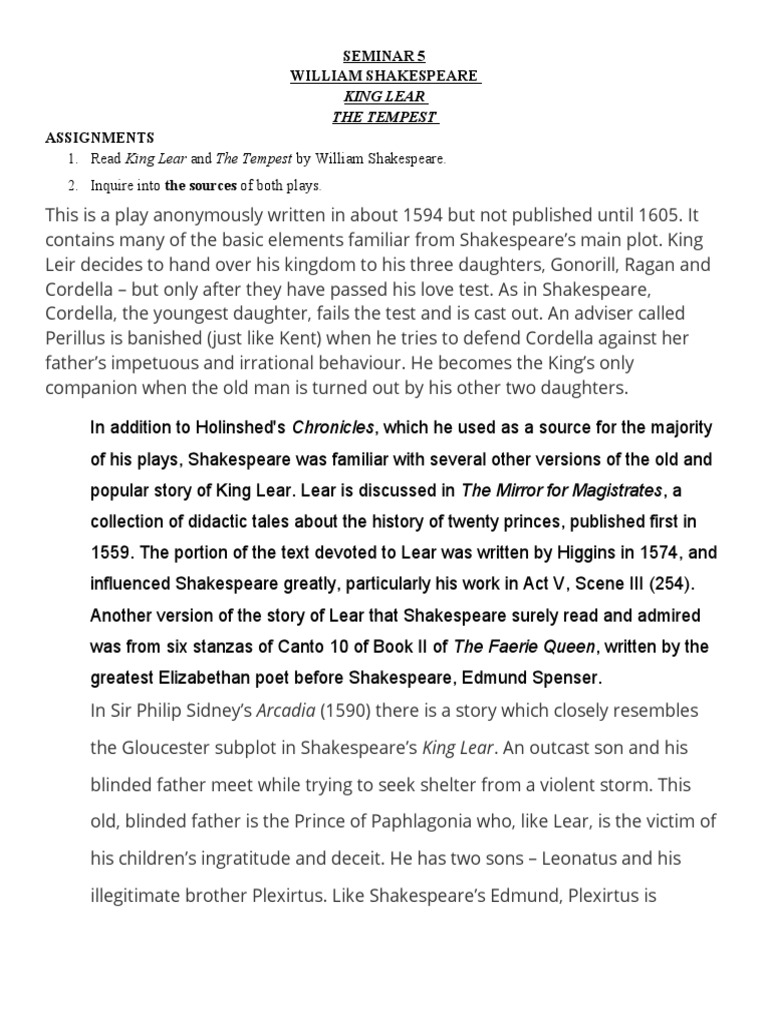 Read King Lear and The Tempest by William Shakespeare. 2. Inquire Into ...