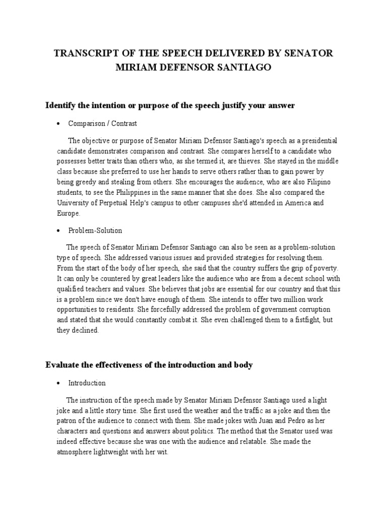 Transcript of The Speech Delivered by Senator Miriam Defensor Santiago | PDF | Jokes