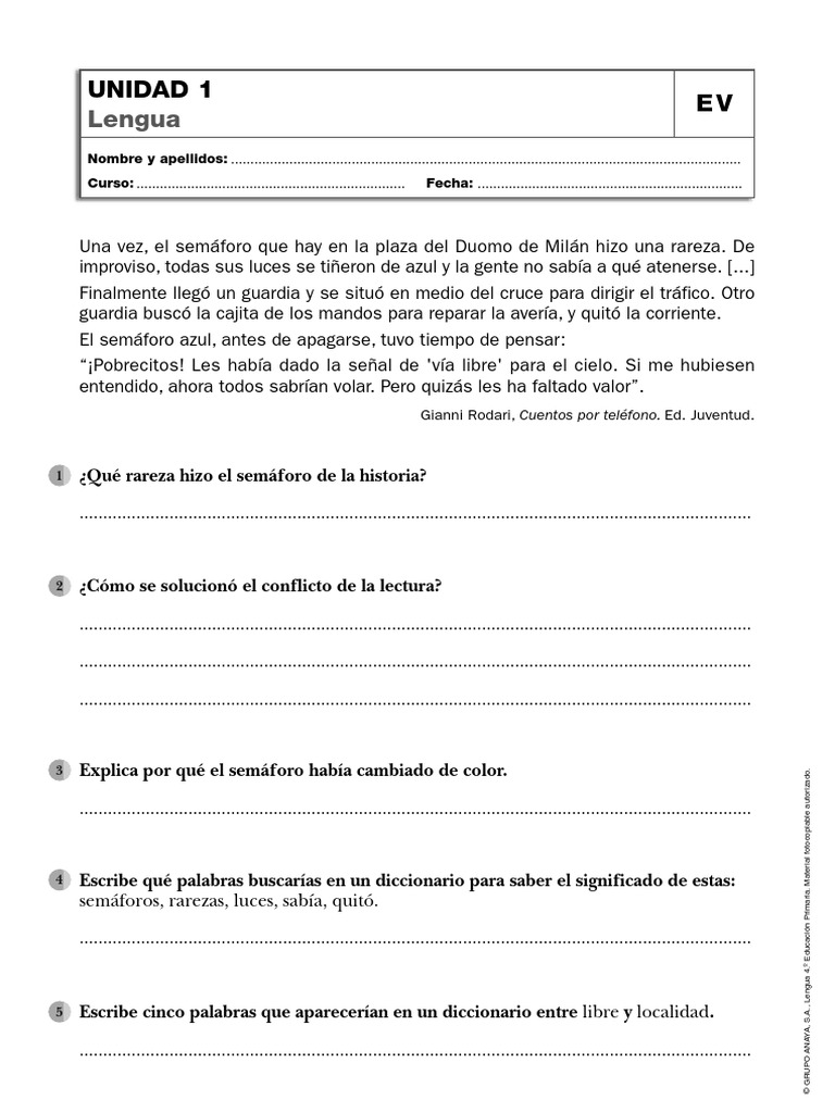Evaluaciones 4º Primaria Lengua Anaya | PDF