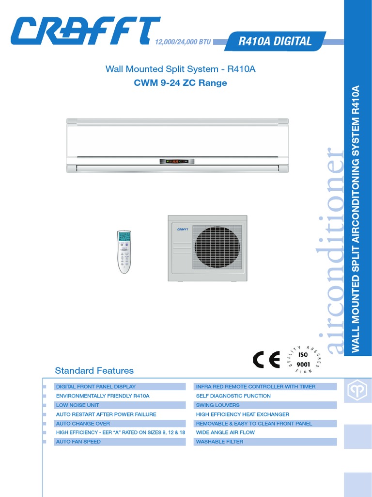 Specification Sheet for CWM 9-24 ZC Range Wall Mounted Split System Air ...