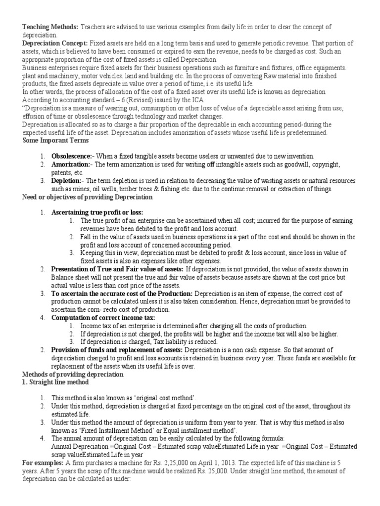 Notes On Depreciation Class-11 | PDF | Depreciation | Expense