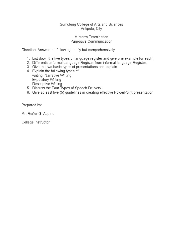 Purposive Communication Midterm Exam Guide | PDF | Language Arts ...