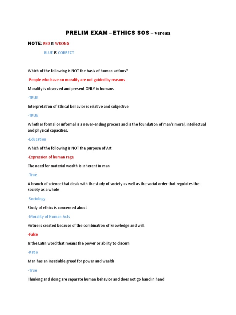 Prelim Exam - Ethics - Sos | PDF | Morality | Science