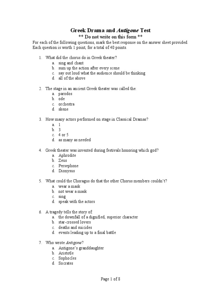 Greek Drama and Antigone Test: Do Not Write On This Form | PDF