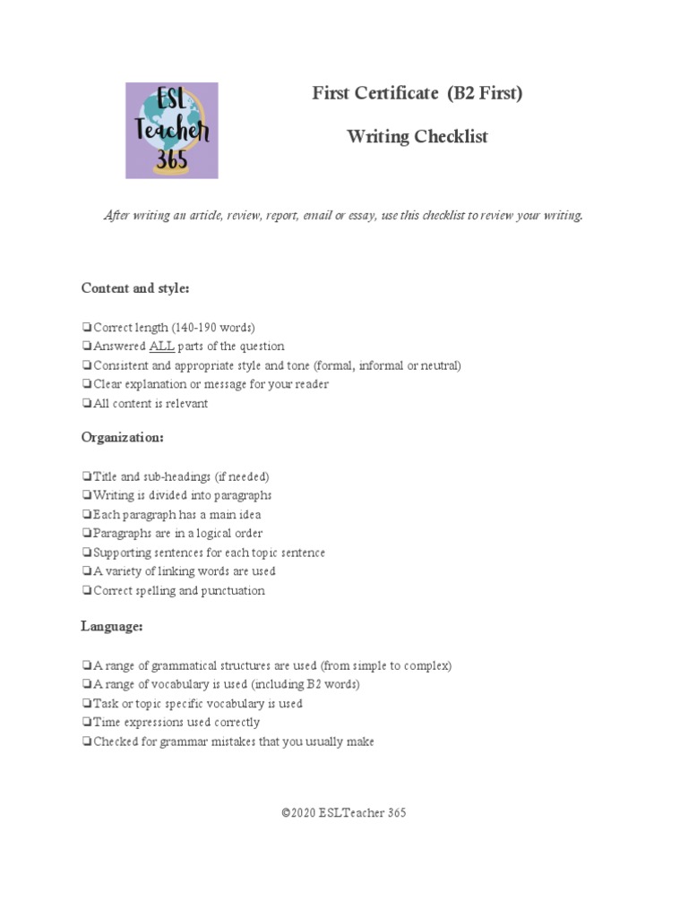 First Certificate (B2 First) Writing Checklist | PDF