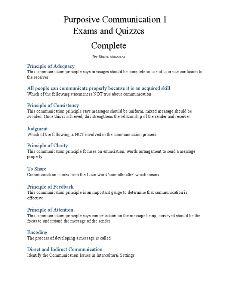 Purposive Communication 1 Exams and Quizzes Complete: Principle of Adequacy | PDF ...