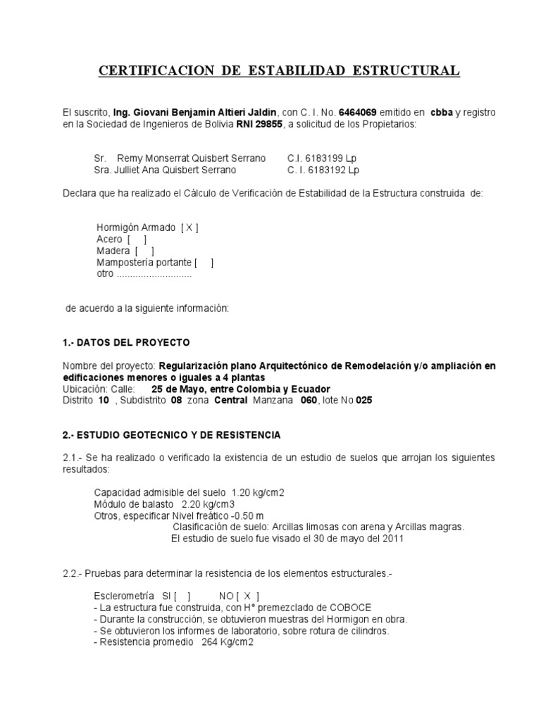 Certificado Estructural Guzman | PDF | Ingeniería de Edificación | Ingeniería