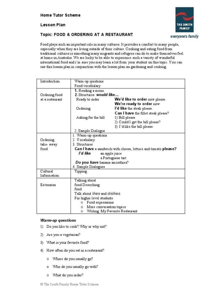 Home Tutor Scheme Lesson Plan Topic: Food & Ordering at A Restaurant ...