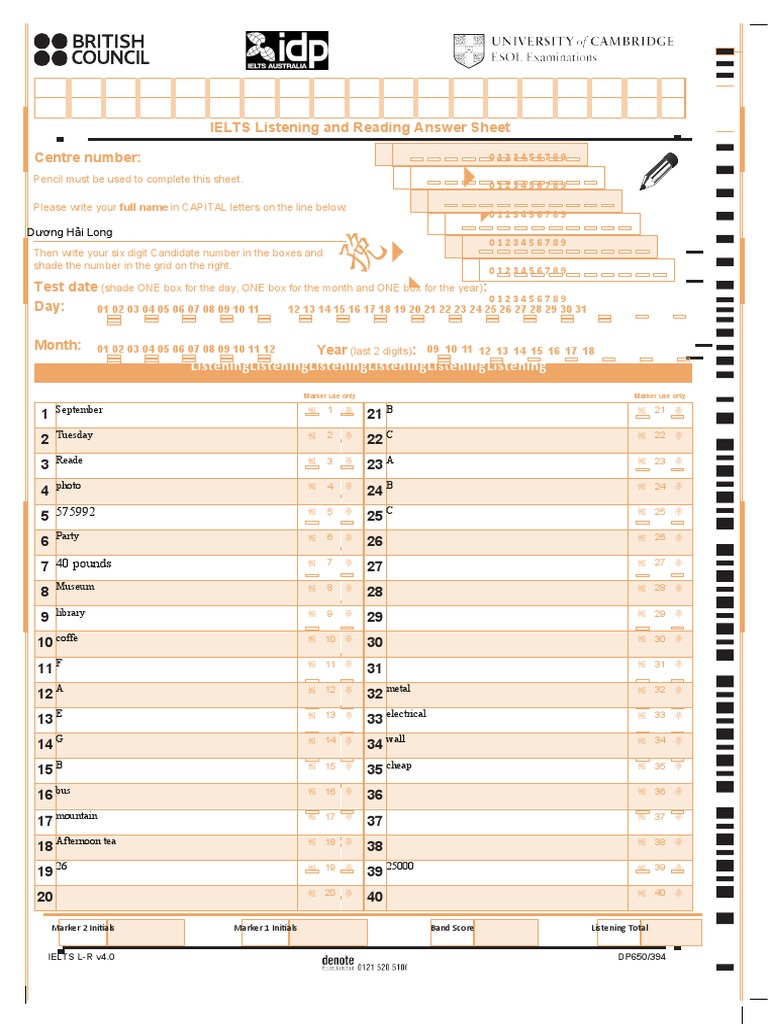 Answer Sheet Listening | PDF | International English Language Testing ...