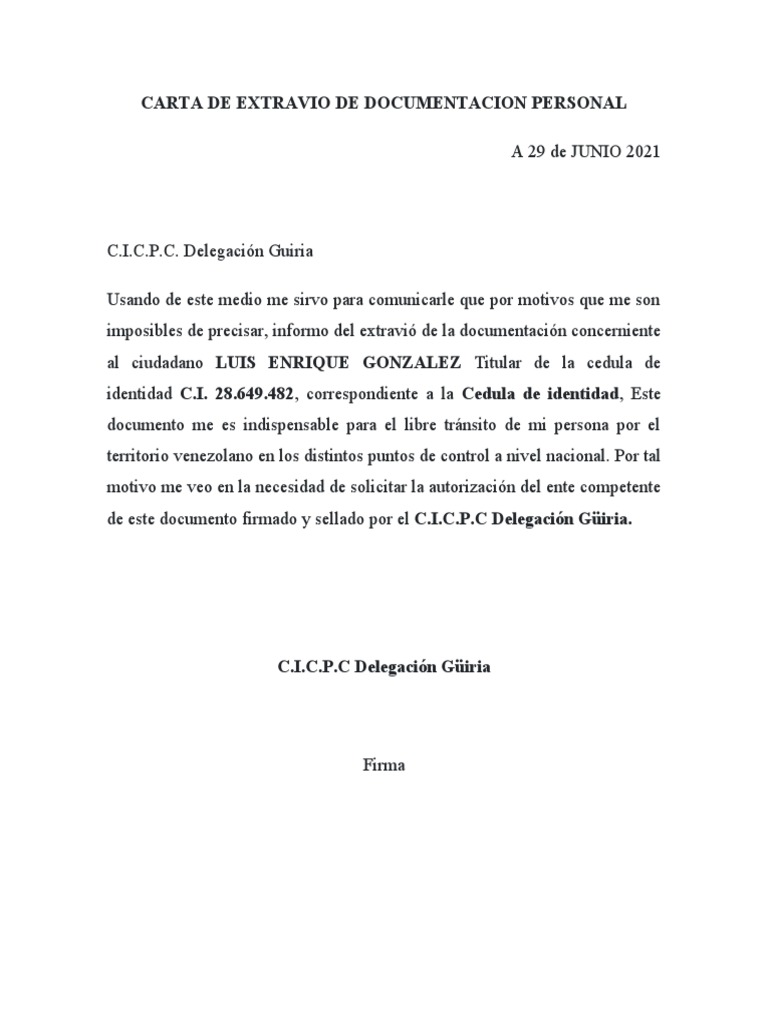 Carta de Extravió de Documentación Personal | PDF | Derecho