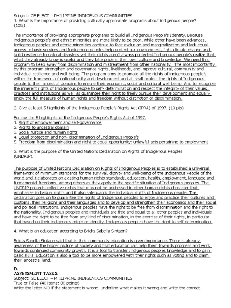 D. Assessment Tasks | PDF | Indigenous Peoples | Rights