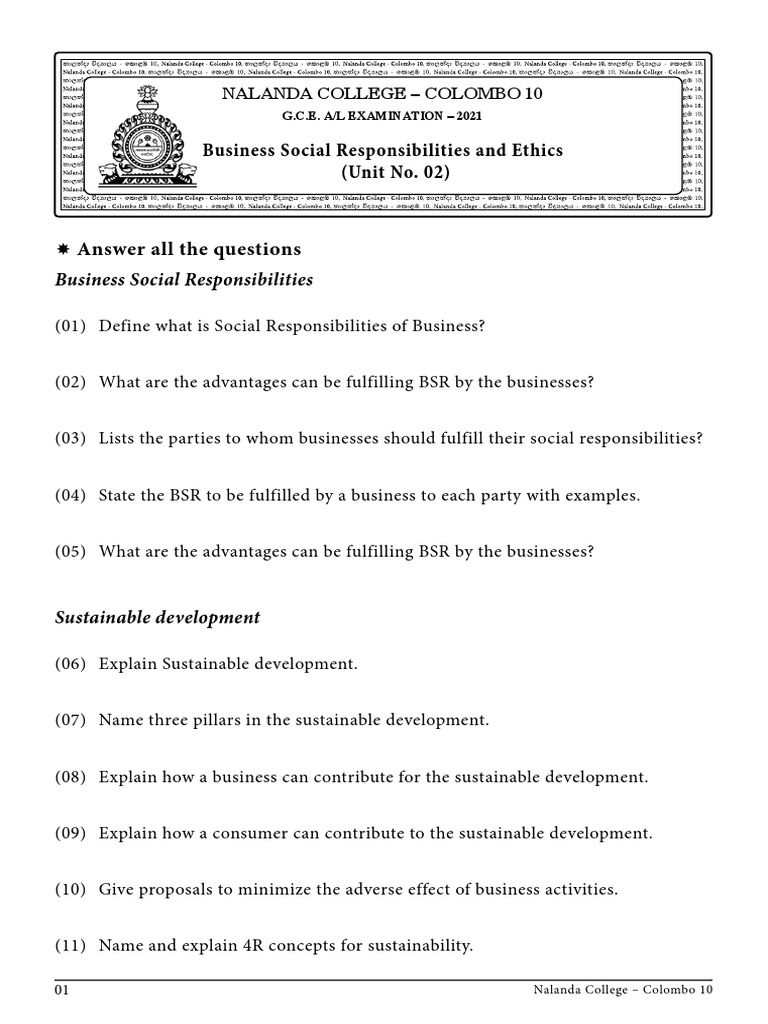 Answer All The Questions: Business Social Responsibilities and Ethics ...