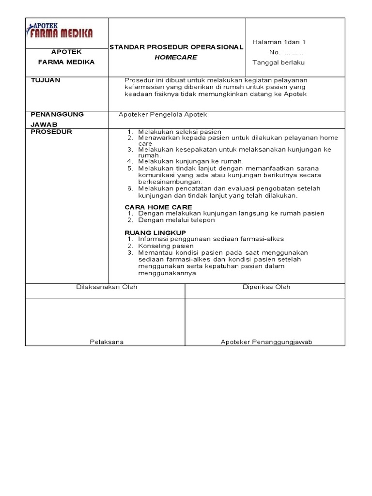 SOP Pelayanan Home Care Apotek | PDF
