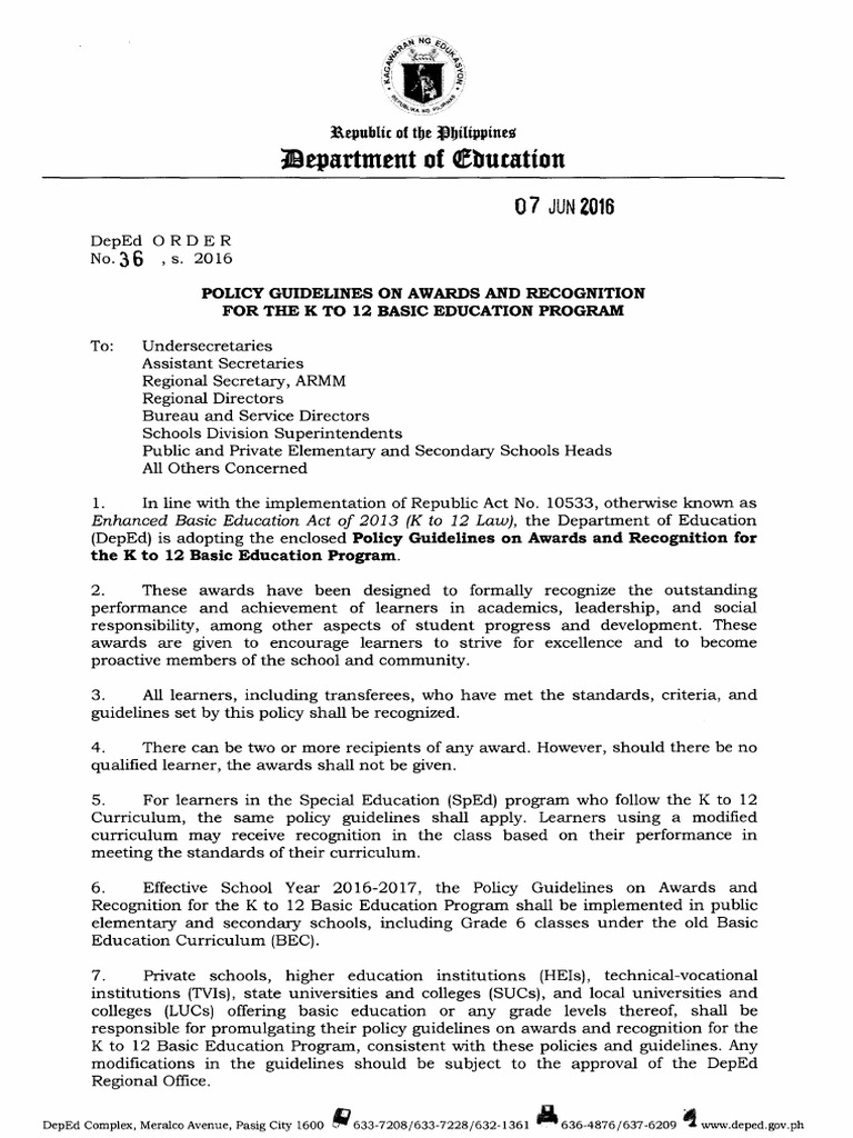 DepEd Order No 36 S 2016 | PDF
