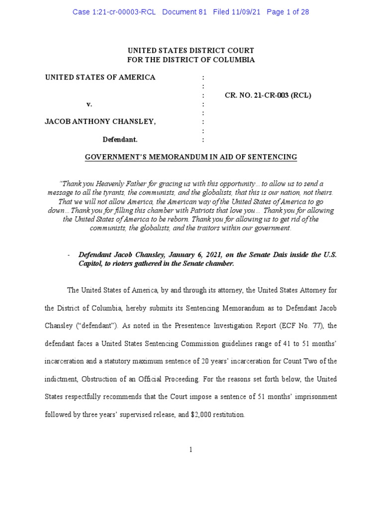 Chansley Memo For Sentencing Nov 9 2021 | PDF | United States Federal ...