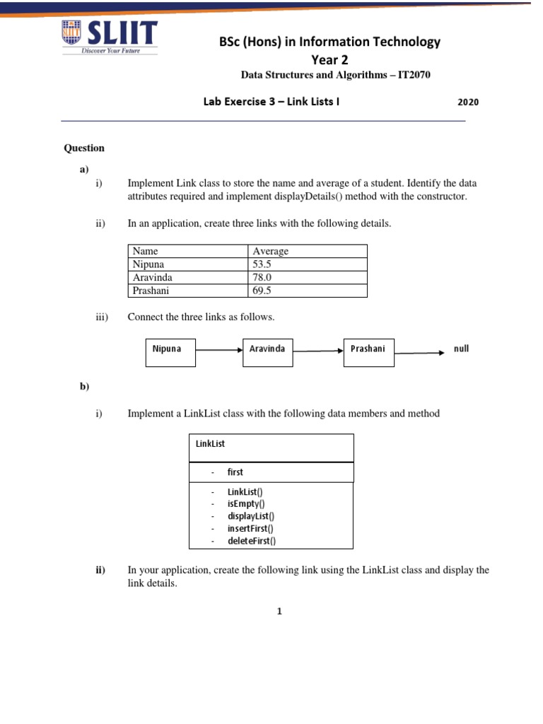 BSC (Hons) in Information Technology Year 2: Lab Exercise 3 - Link ...