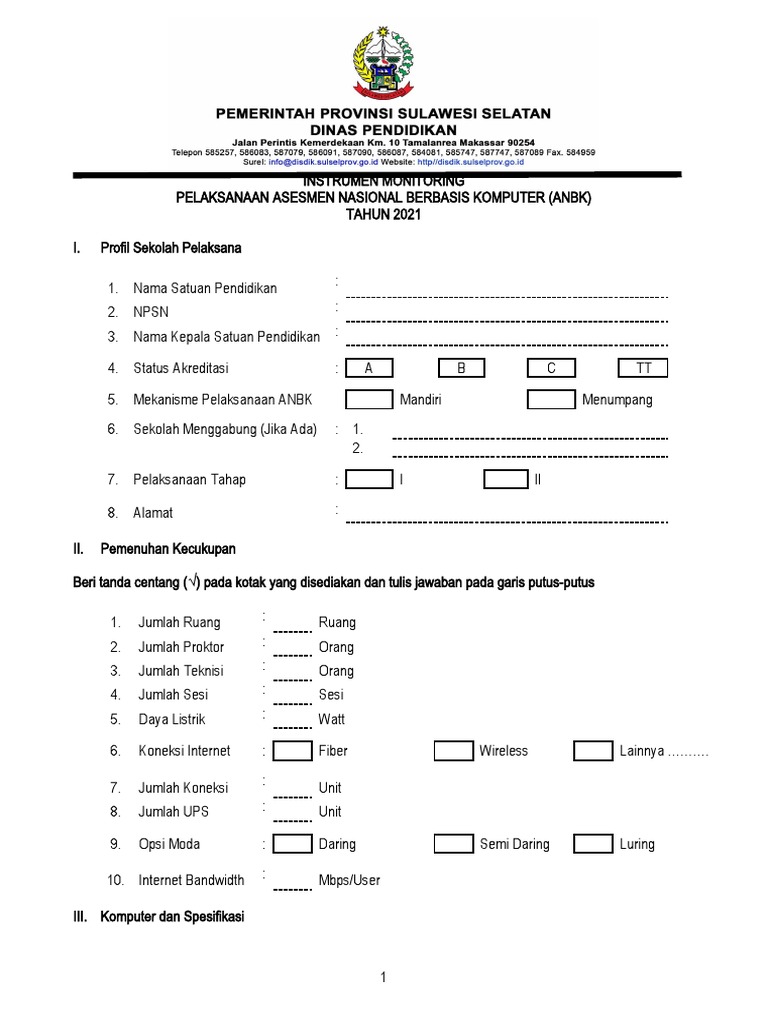 Contoh Instrumen Monitoring ANBK 2021 | PDF