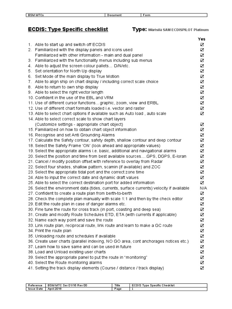 ECDIS: Type Specific Checklist Type:: BSM Mtcs Document Form | PDF | Computing