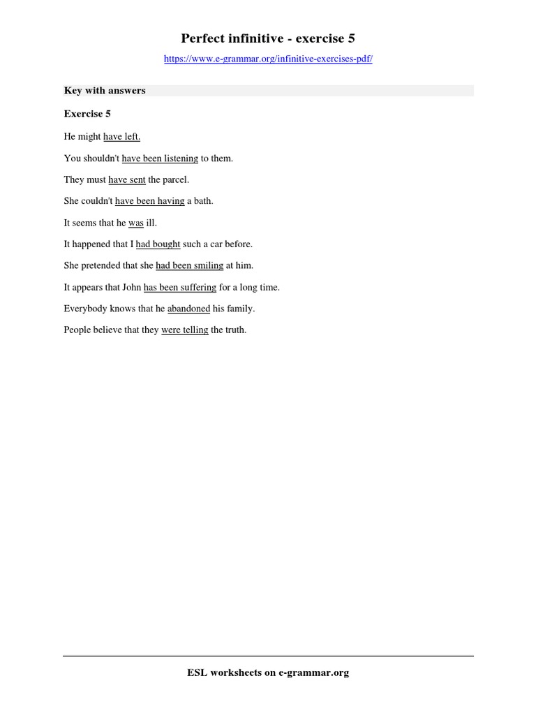 Perfect Infinitive Exercises with Answers | PDF