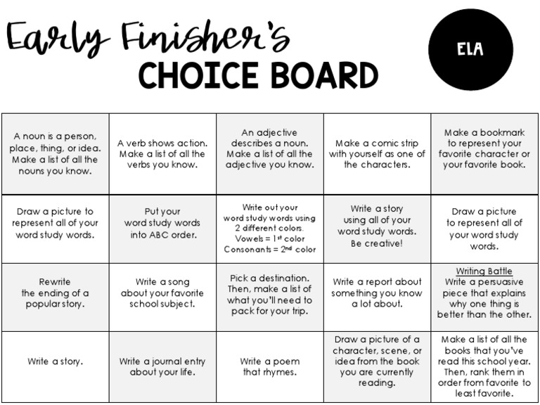 Early Finishers Choice Board Activities | PDF | Word | Noun