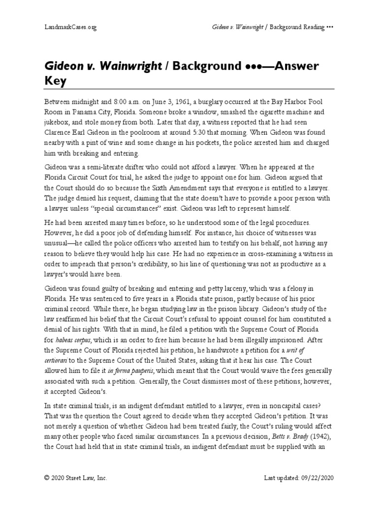 Gideon v. Wainwright: / Background - Answer Key | Download Free PDF ...