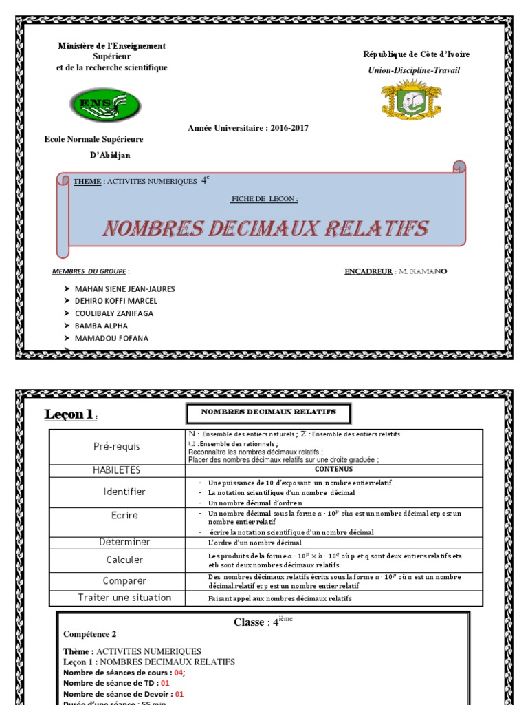 NOMBRES DECIMAUX RELATIFS 4ème | PDF | Entier relatif | Entier naturel