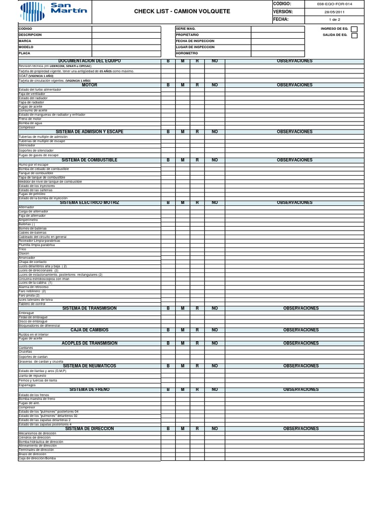 Checklist de inspección para camión volquete | PDF | Inyección de ...