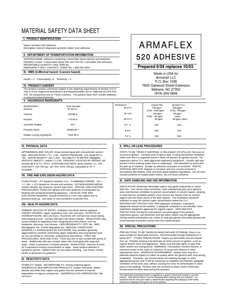 Armaflex Adhesive 520 MSDS Front Page | PDF | Breathing | Chemistry